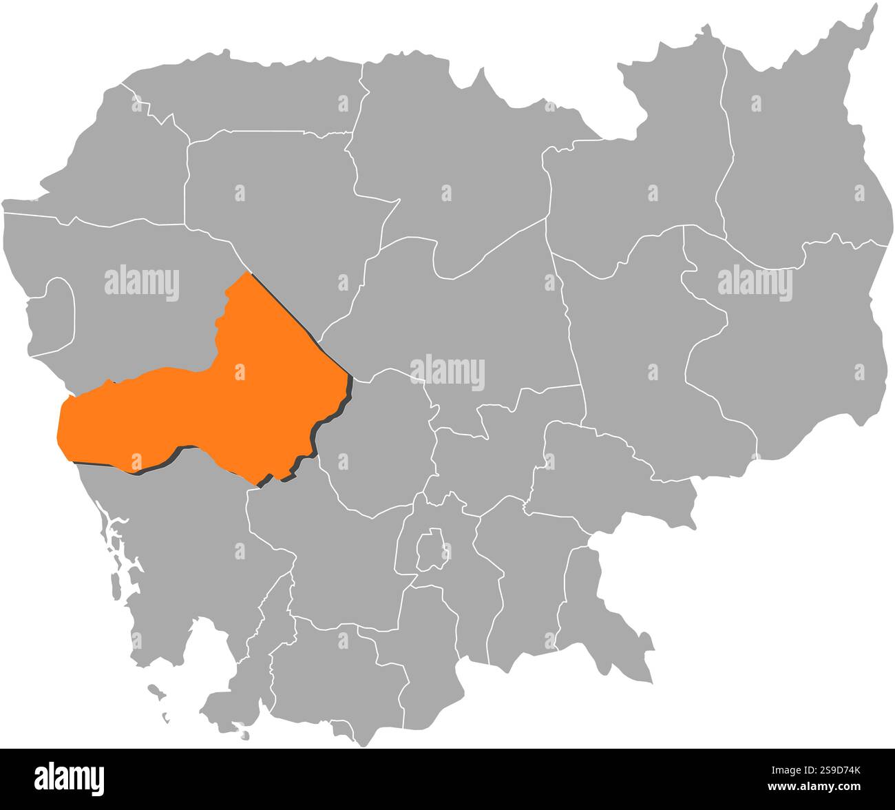 Map of Cambodia with the provinces, Pursat is highlighted by orange ...
