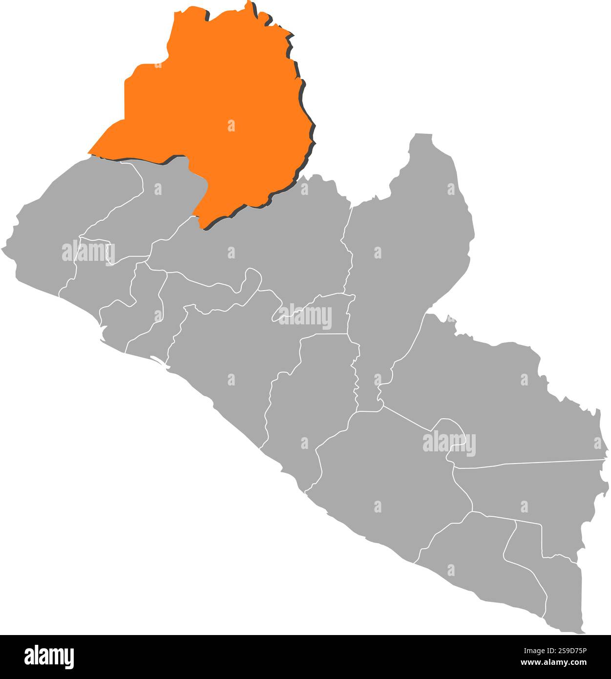 Map of Liberia with the provinces, Lofa is highlighted by orange Stock ...