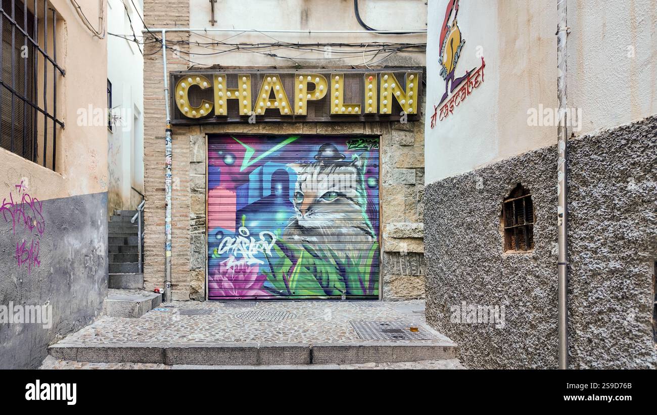 Colorful outdoor graffiti art on a closed metal gate in Granada Stock ...