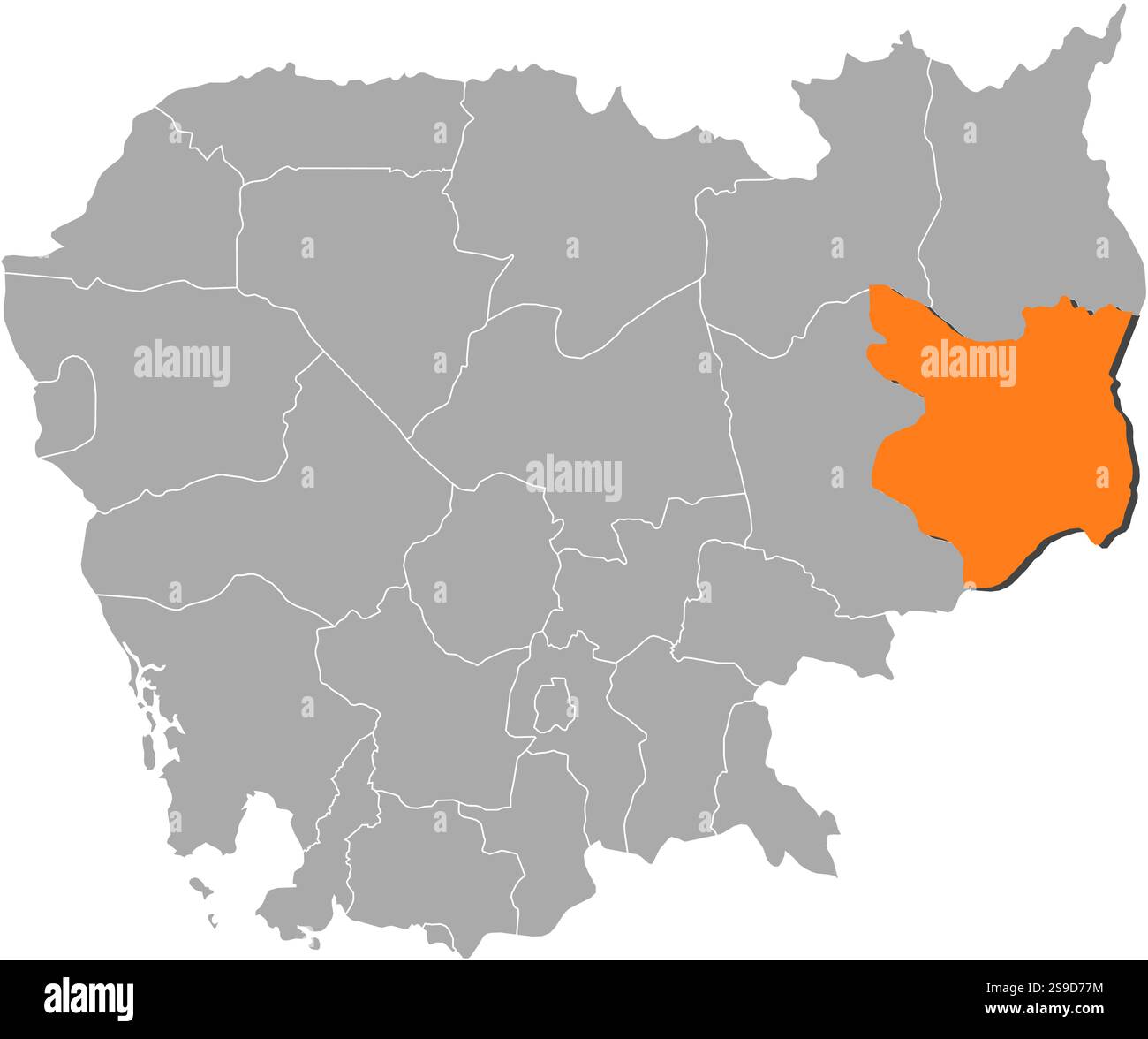 Map of Cambodia with the provinces, Mondulkiri is highlighted by orange ...