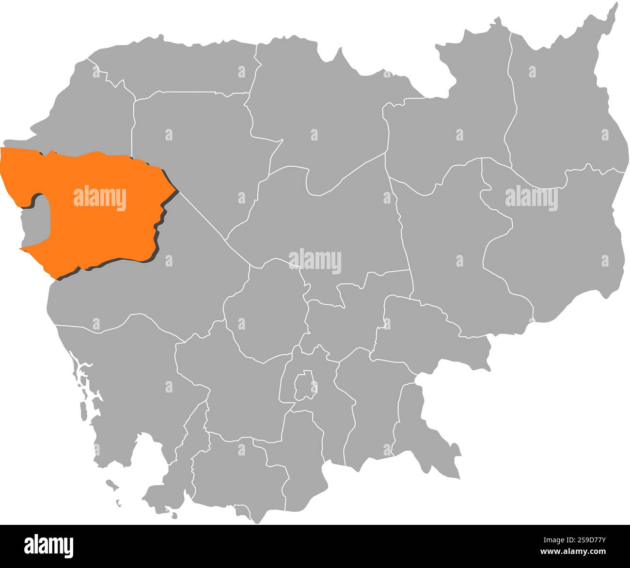 Map of Cambodia with the provinces, Battambang is highlighted by orange ...