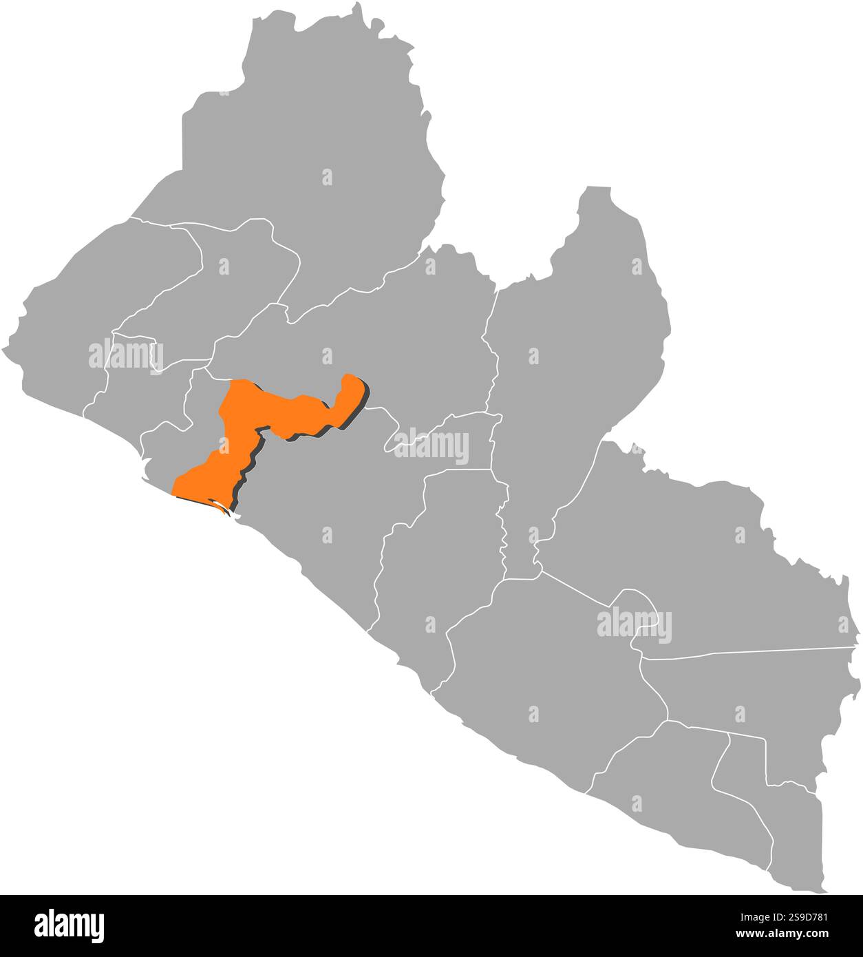 Map of Liberia with the provinces, Margibi is highlighted by orange ...