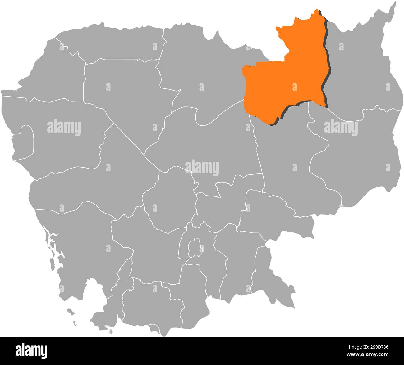 Map of Cambodia with the provinces, Stung Treng is highlighted by ...