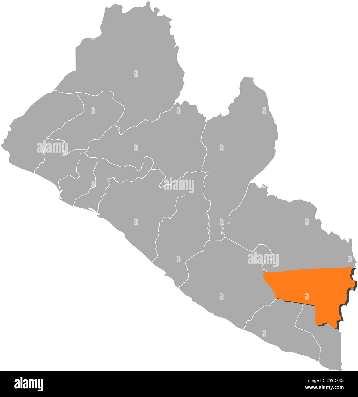 Map of Liberia with the provinces, River Gee is highlighted by orange ...