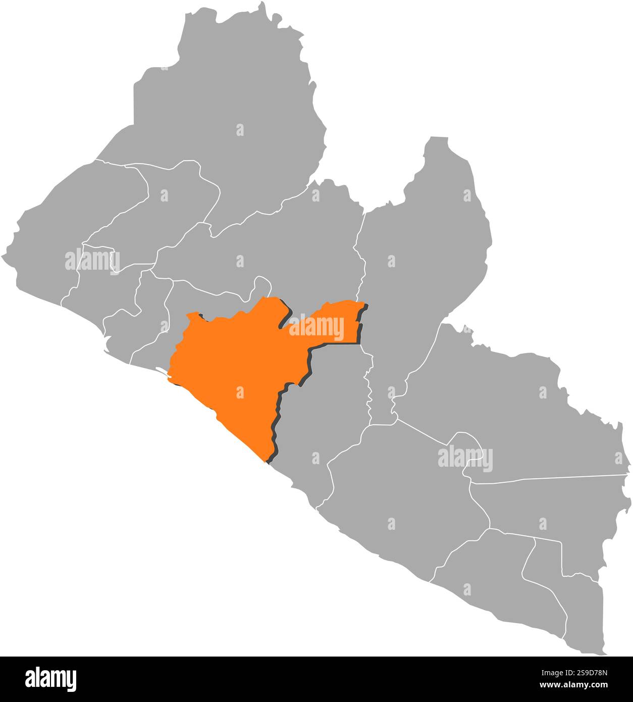 Map of Liberia with the provinces, Grand Bassa is highlighted by orange ...