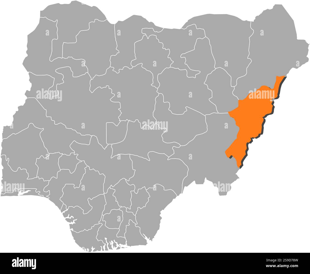 Map of Nigeria with the provinces, Adamawa is highlighted by orange ...