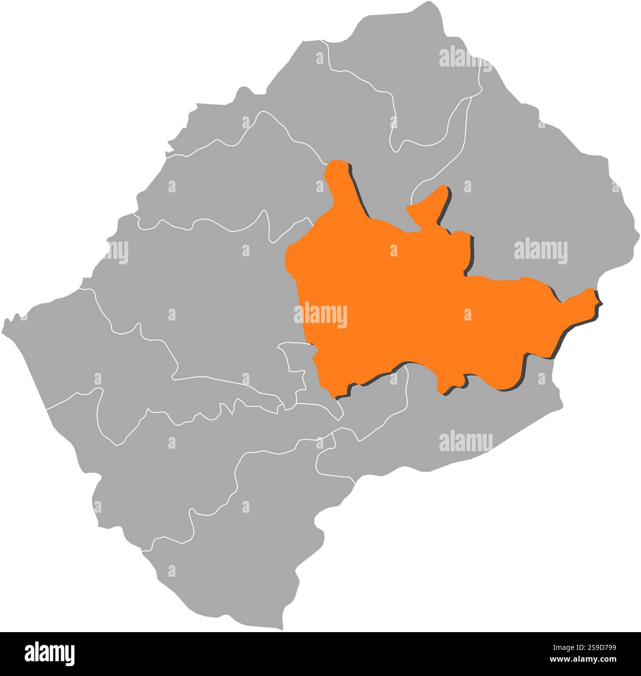 Map of Lesotho with the provinces, Thaba-Tseka is highlighted by orange ...