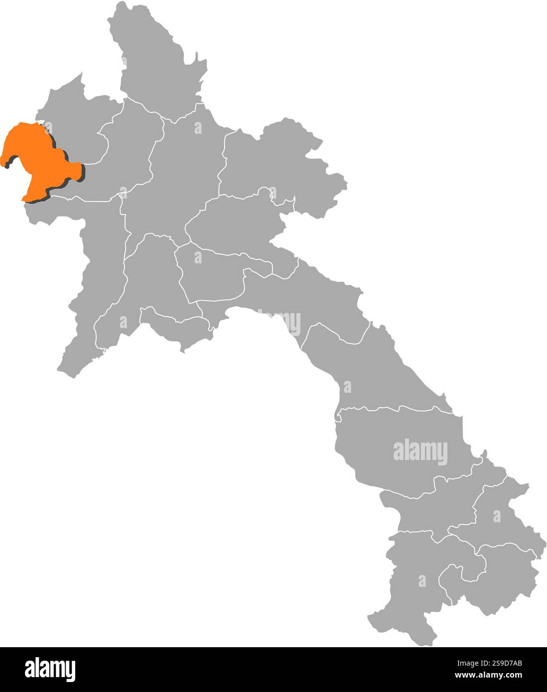 Map of Laos with the provinces, Bokeo is highlighted by orange Stock ...