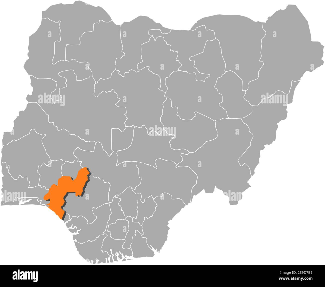 Map of Nigeria with the provinces, Ondo is highlighted by orange Stock ...