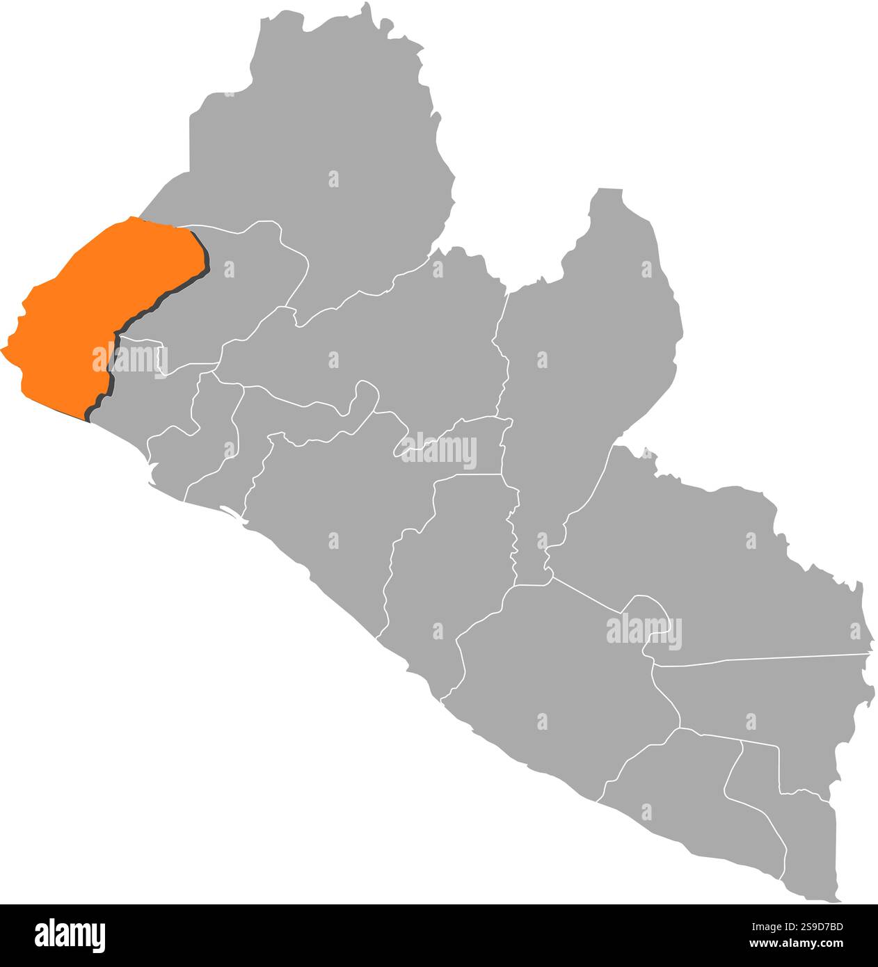 Map of Liberia with the provinces, Grand Cape Mount is highlighted by ...