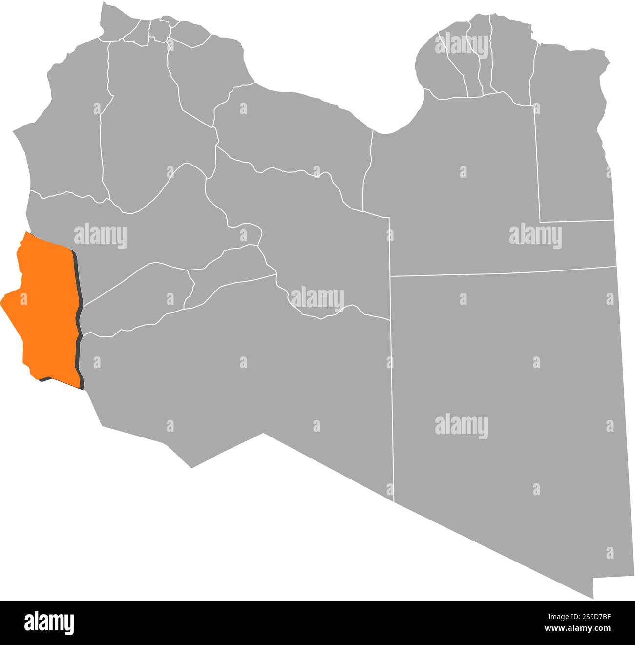Map of Libya with the provinces, Ghat is highlighted by orange Stock ...