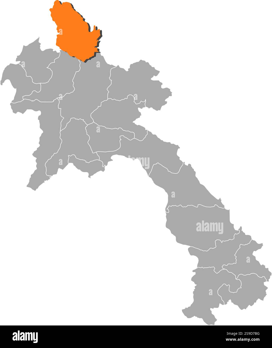 Map of Laos with the provinces, Phongsali is highlighted by orange ...