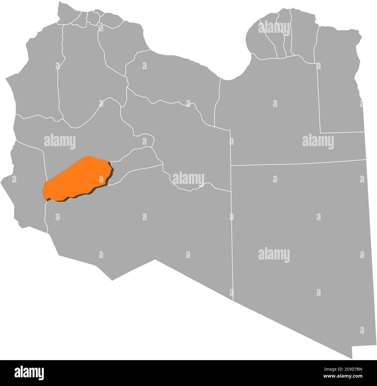 Map of Libya with the provinces, Wadi al Hayaa is highlighted by orange ...