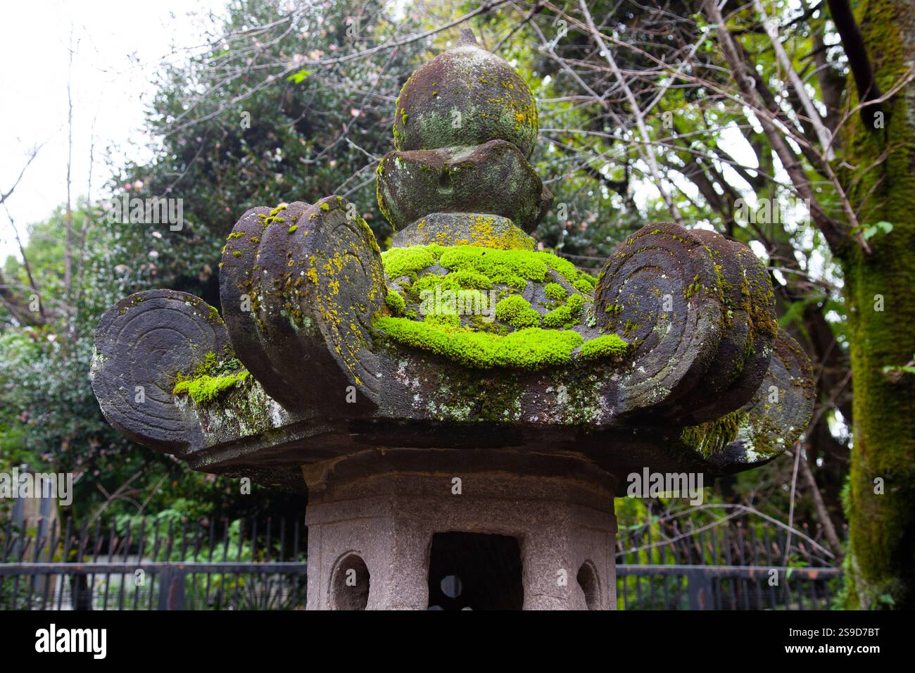 Moss-covered stone lantern at the Ueno Toshogu Shrine, located in Ueno ...