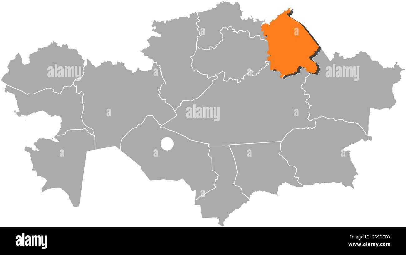 Map of Kazakhstan with the provinces, Pavlodar is highlighted by orange ...
