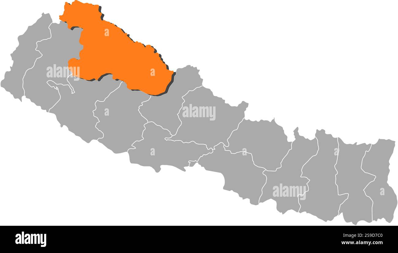 Map of Nepal with the provinces, Karnali is highlighted by orange Stock ...