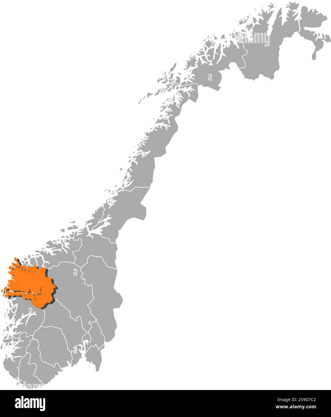 Map of Norway with the provinces, Sogn og Fjordane is highlighted by ...