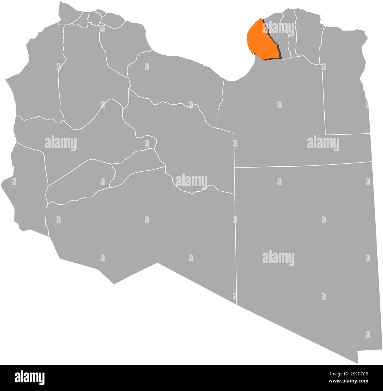 Map of Libya with the provinces, Benghazi is highlighted by orange ...
