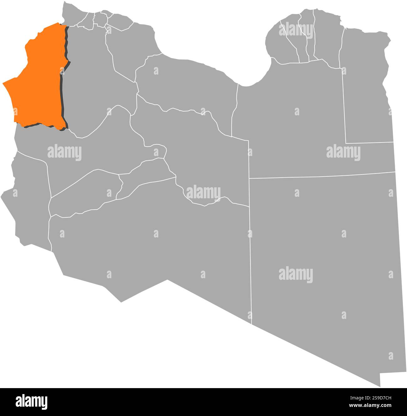 Map of Libya with the provinces, Nalut is highlighted by orange Stock ...