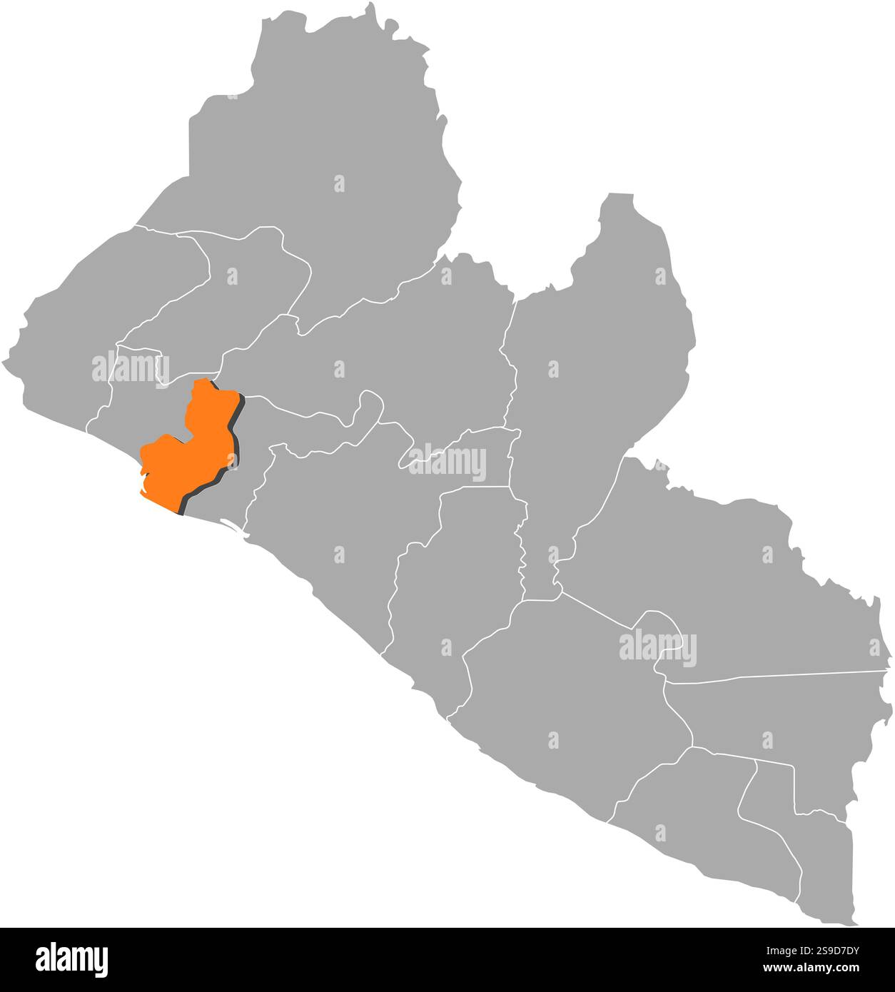 Map of Liberia with the provinces, Montserrado is highlighted by orange ...