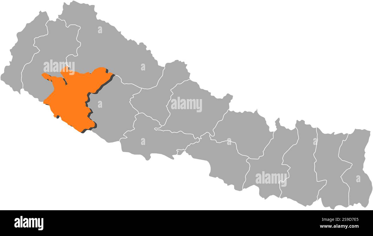 Map of Nepal with the provinces, Bheri is highlighted by orange Stock ...