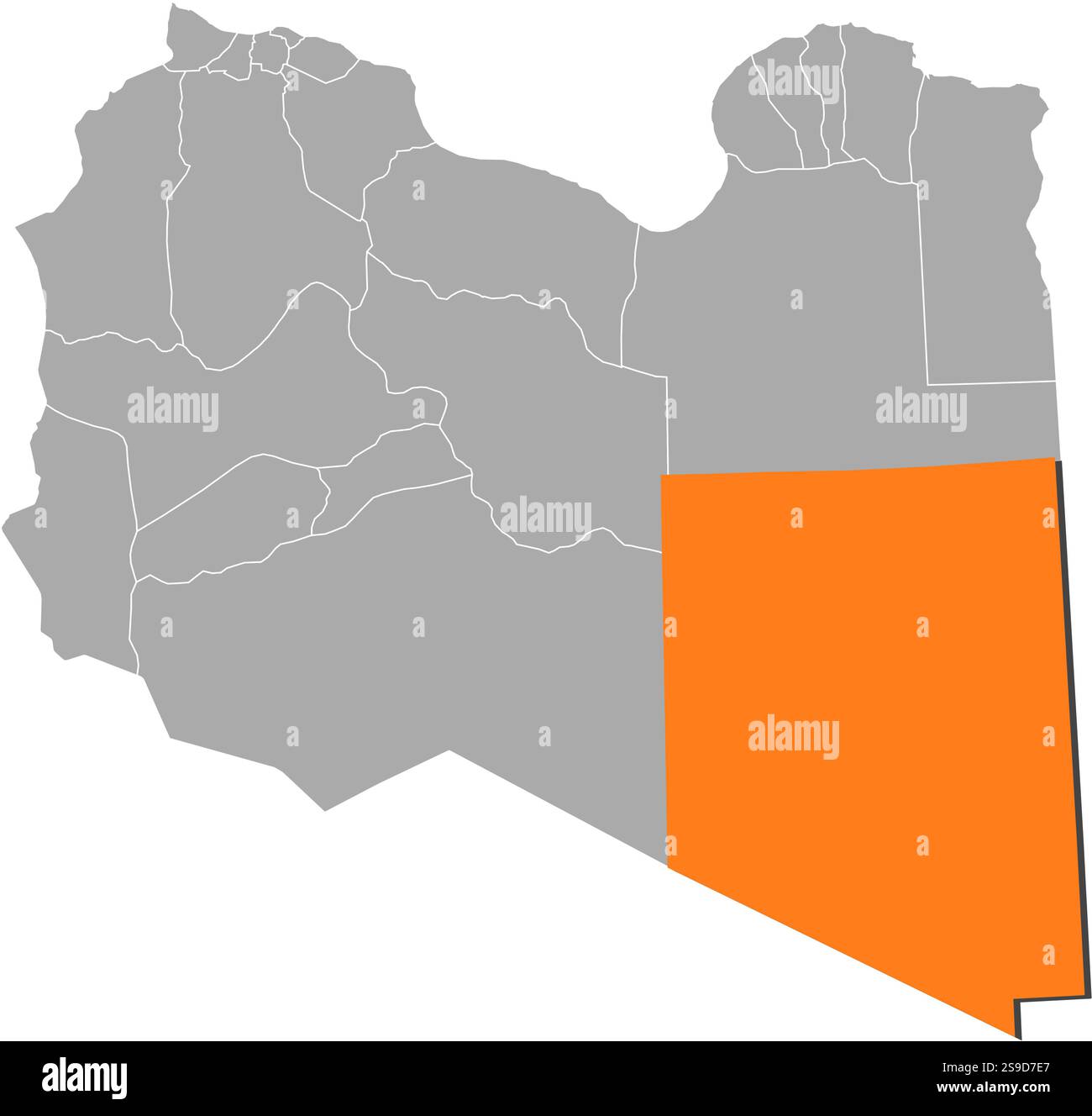 Map of Libya with the provinces, Kufra is highlighted by orange Stock ...