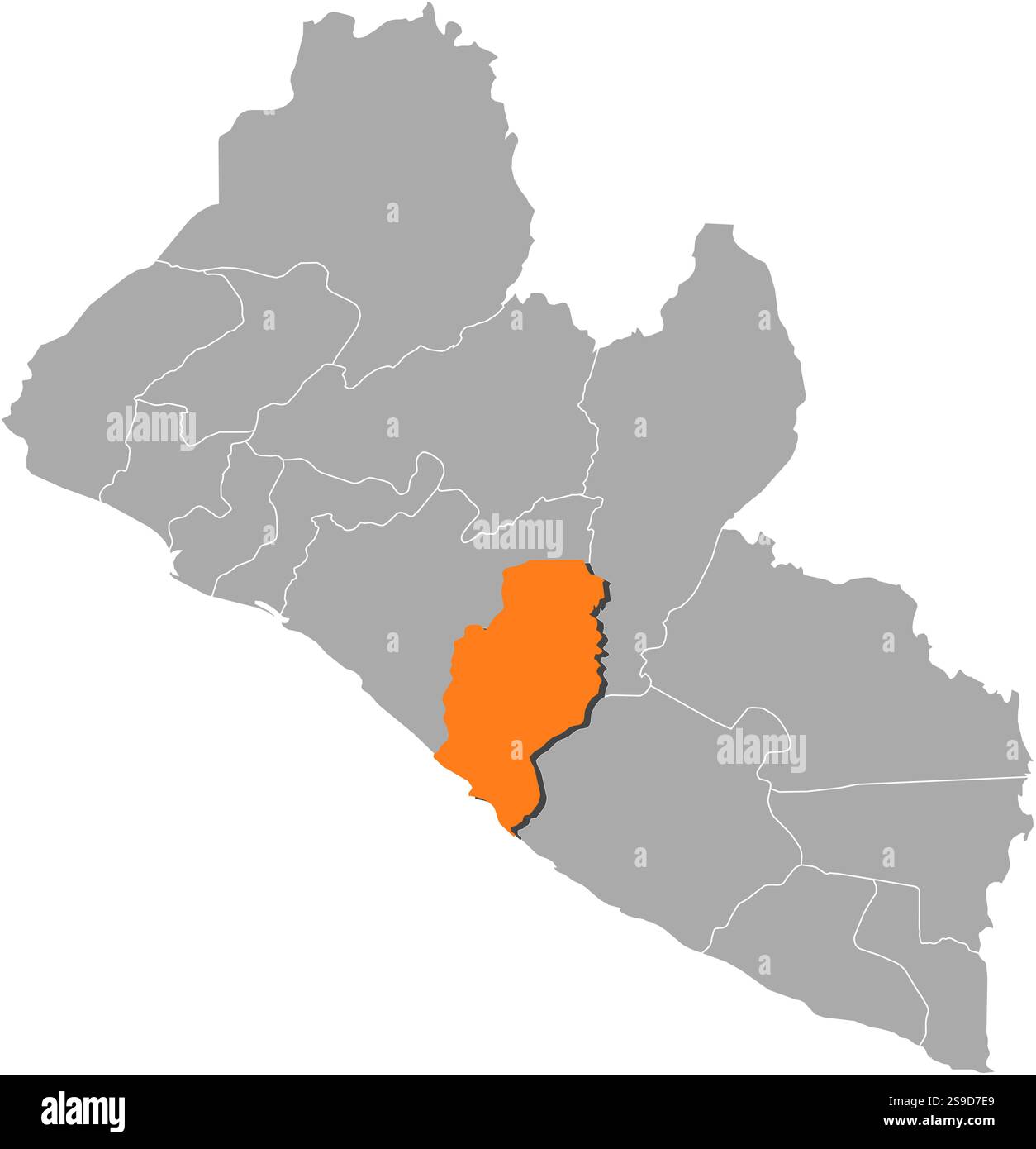 Map of Liberia with the provinces, Rivercess is highlighted by orange ...