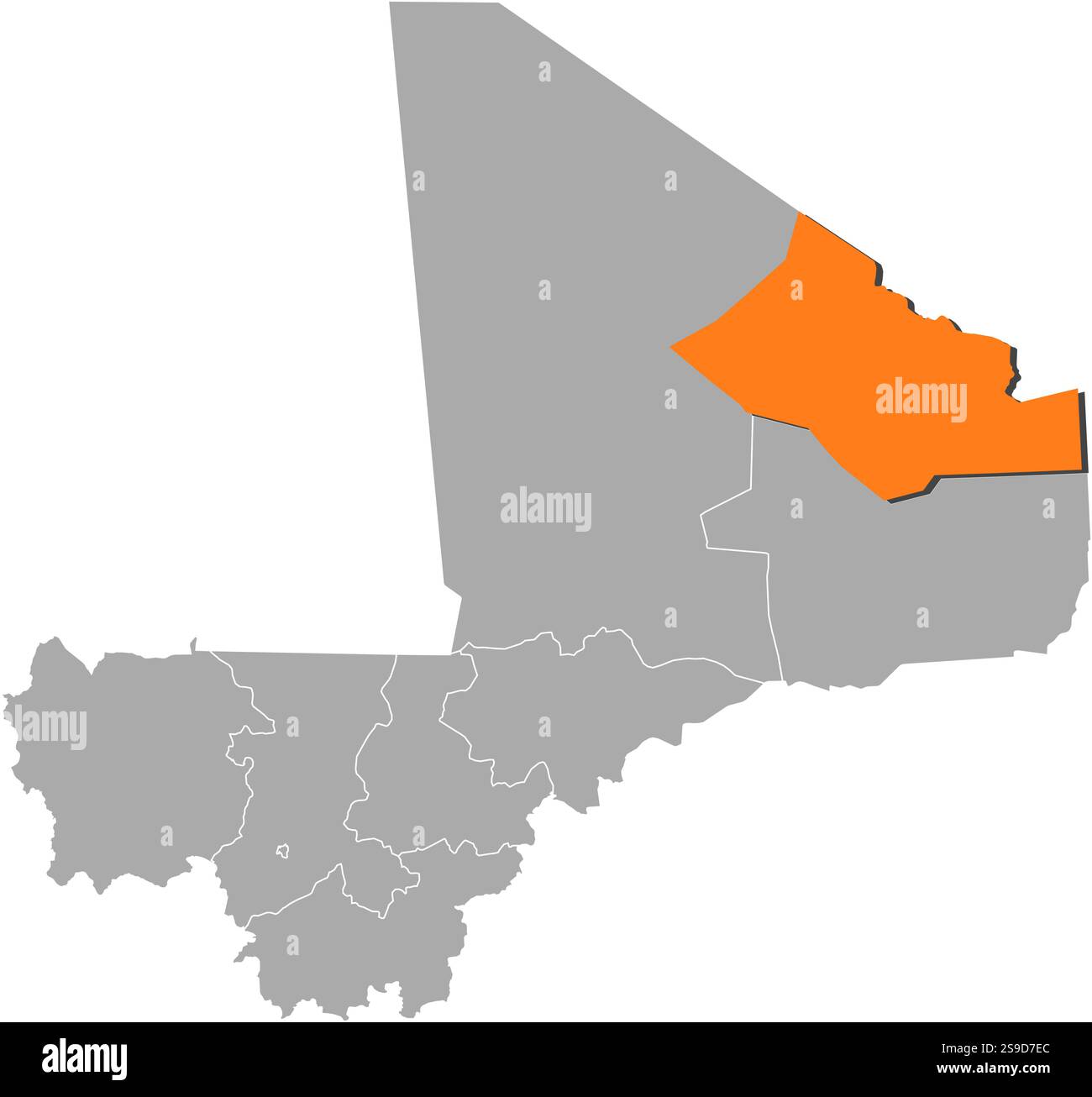 Map of Mali with the provinces, Kidal is highlighted by orange Stock ...