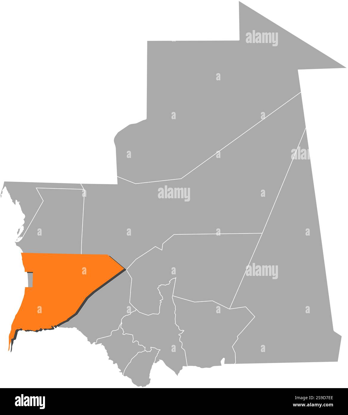 Map of Mauritania with the provinces, Trarza is highlighted by orange ...