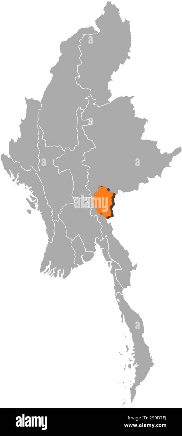 Map of Myanmar with the provinces, Kayah is highlighted by orange Stock ...