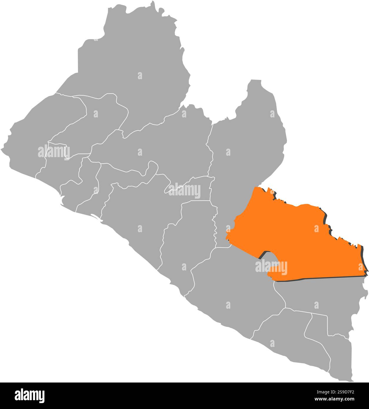 Map of Liberia with the provinces, Grand Gedeh is highlighted by orange ...