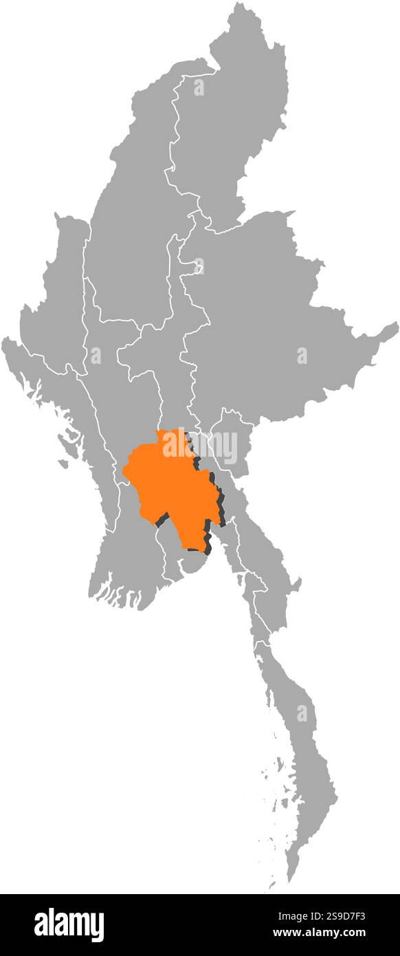 Map of Myanmar with the provinces, Bago is highlighted by orange Stock ...