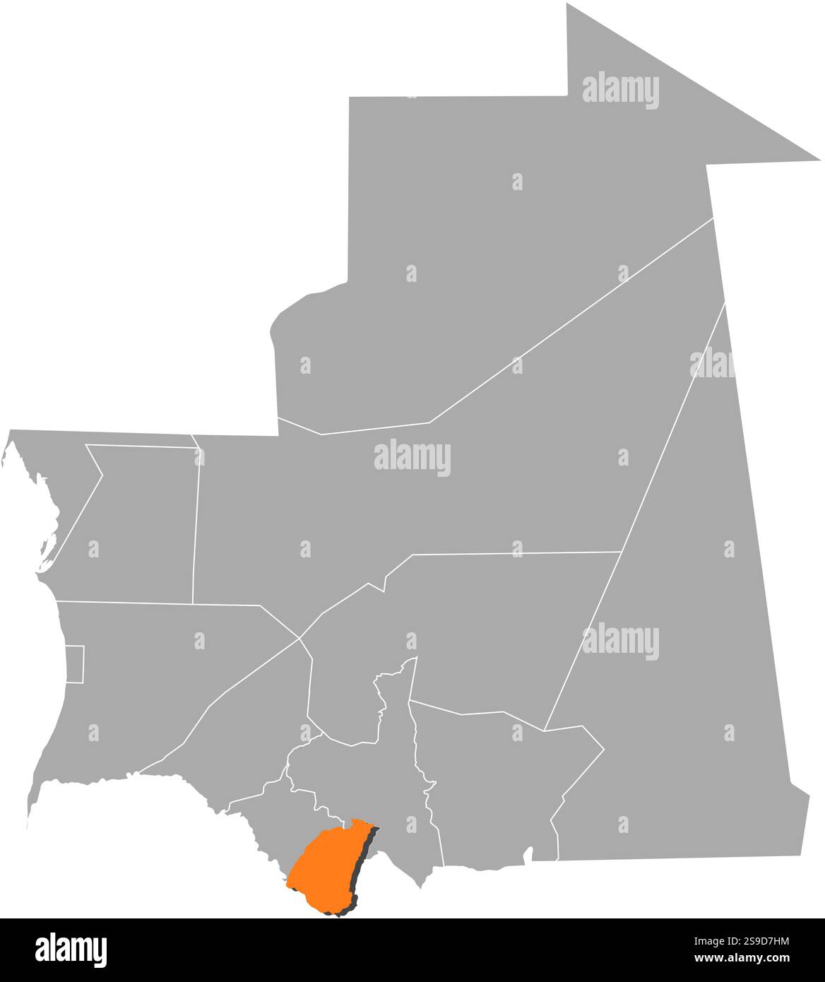 Map of Mauritania with the provinces, Guidimaka is highlighted by ...