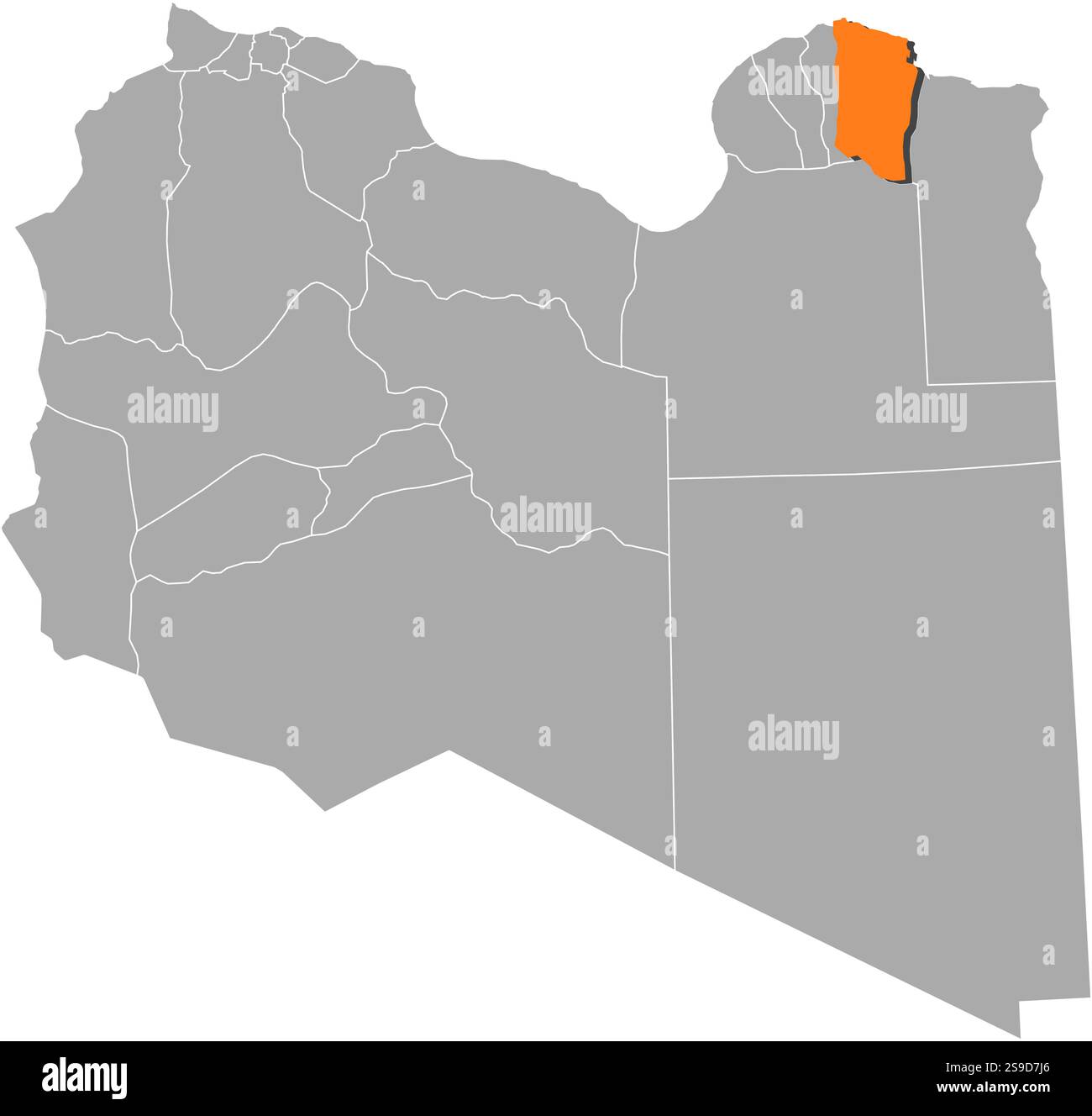 Map of Libya with the provinces, Derna is highlighted by orange Stock ...