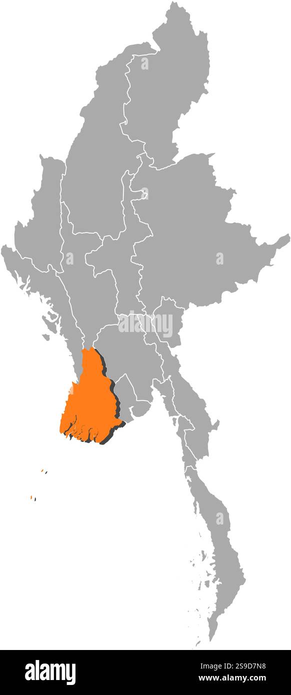Map of Myanmar with the provinces, Ayeyarwady is highlighted by orange ...
