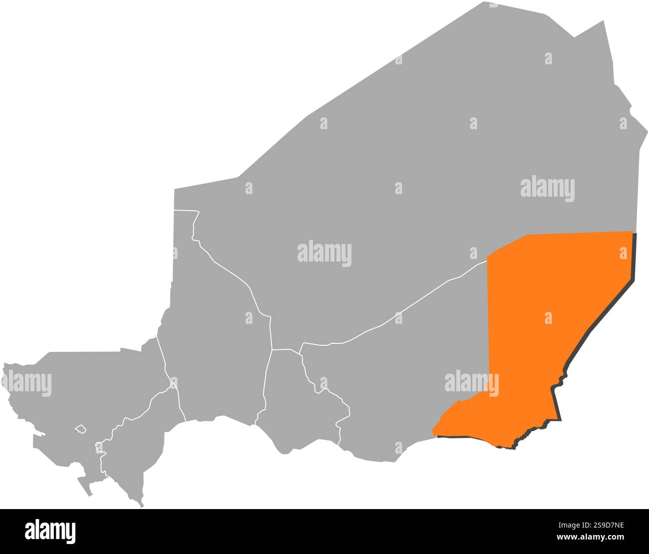 Map of Niger with the provinces, Diffa is highlighted by orange Stock ...