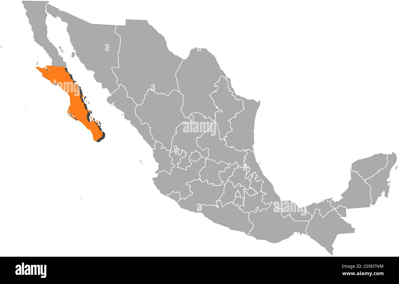 Map of Mexico with the provinces, Baja California Sur is highlighted by ...