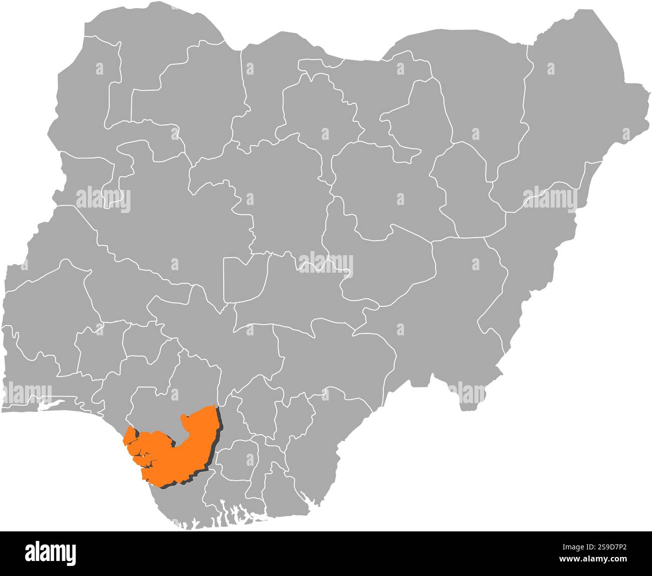 Map of Nigeria with the provinces, Delta is highlighted by orange Stock ...
