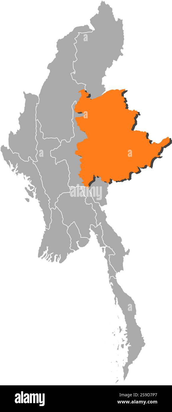Map of Myanmar with the provinces, Shan is highlighted by orange Stock ...