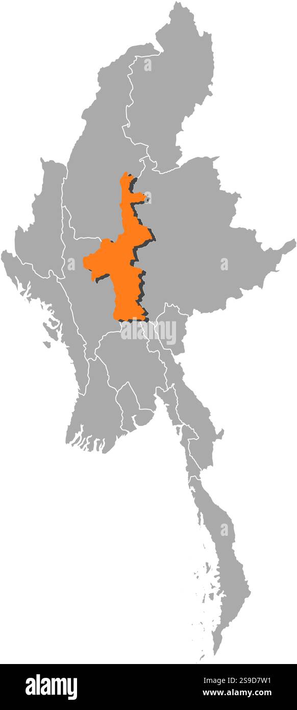Map of Myanmar with the provinces, Mandalay is highlighted by orange ...