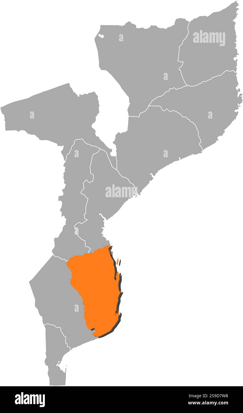 Map of Mozambique with the provinces, Inhambane is highlighted by ...