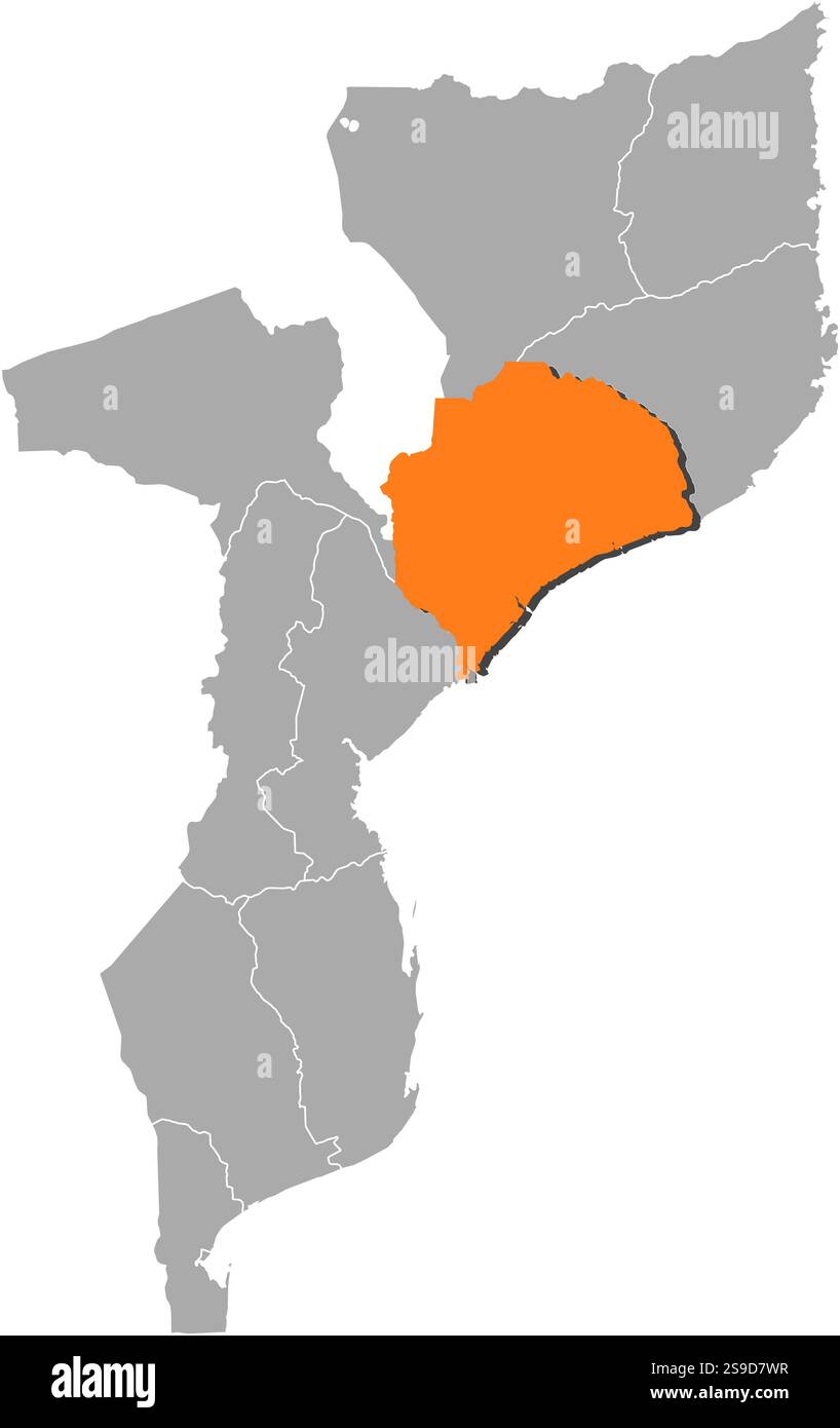 Map of Mozambique with the provinces, Zambezia is highlighted by orange ...