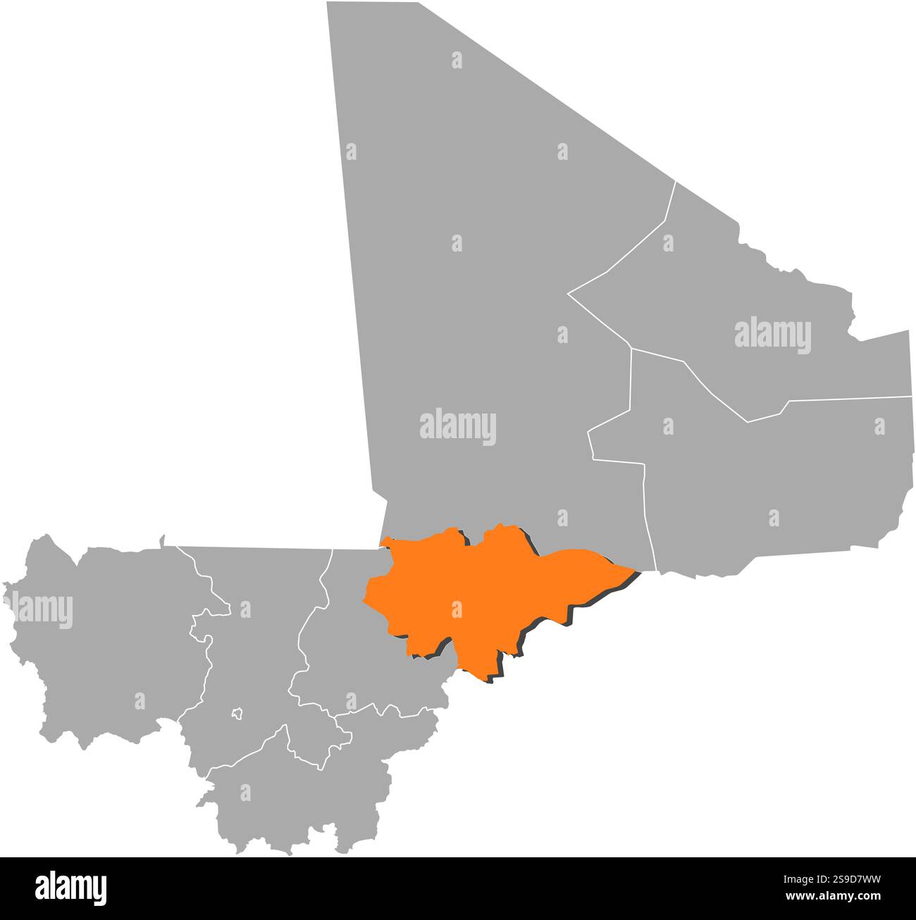 Map of Mali with the provinces, Mopti is highlighted by orange Stock ...