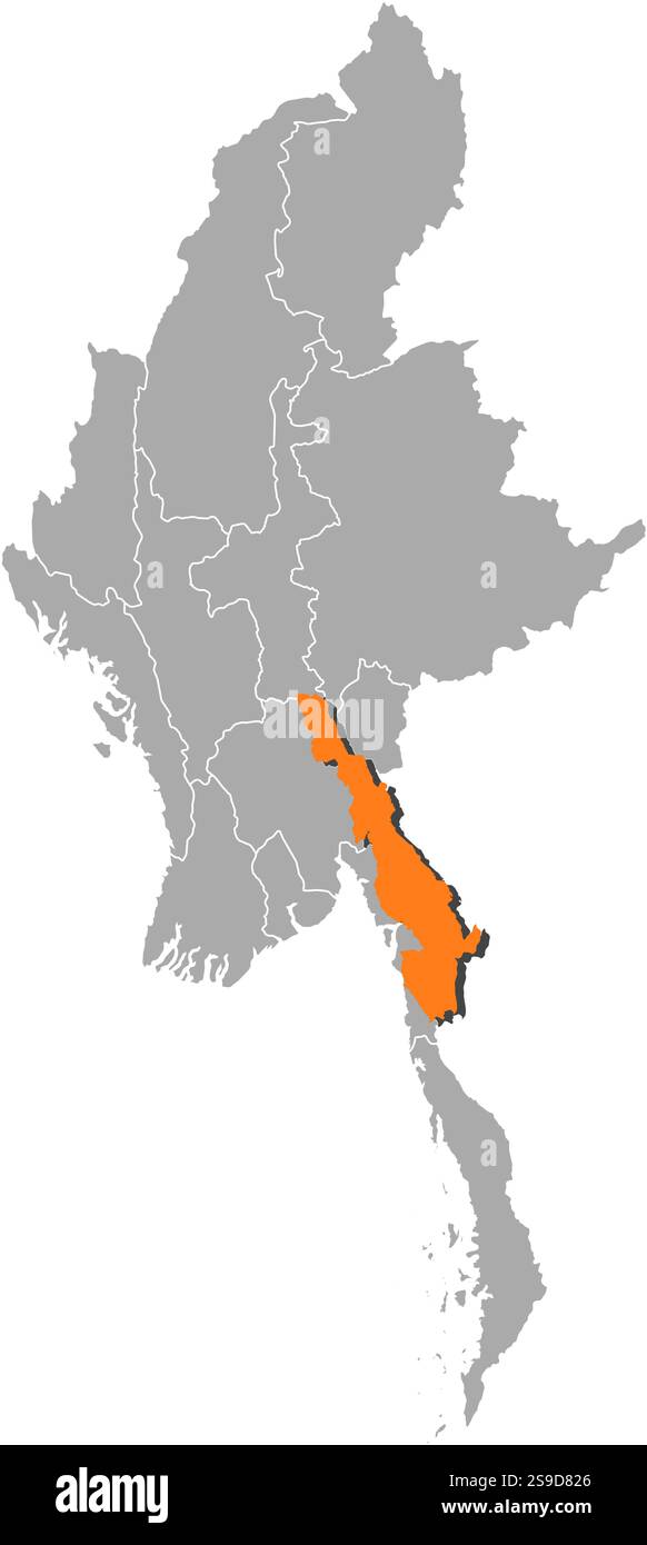 Map of Myanmar with the provinces, Kayin is highlighted by orange Stock ...