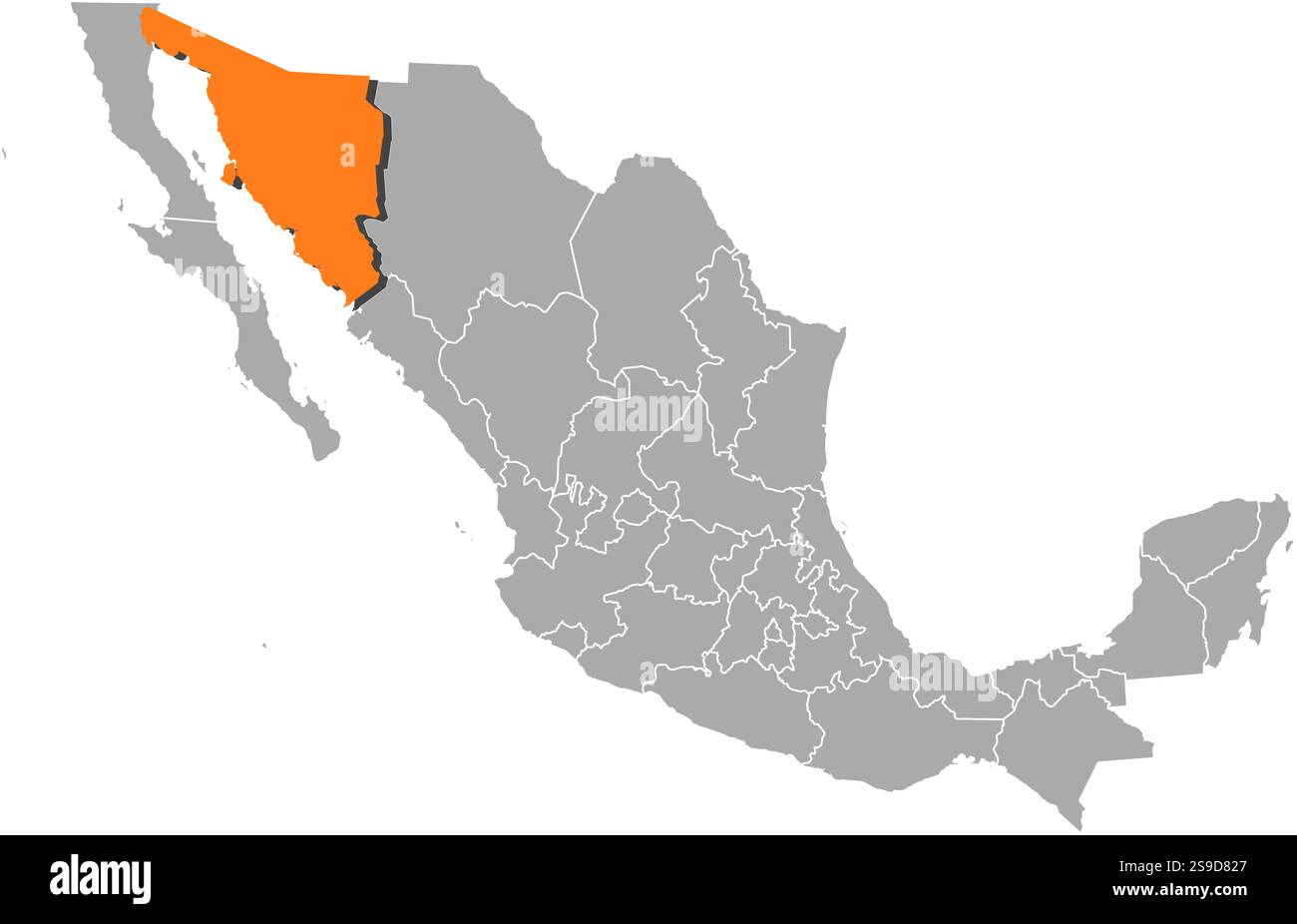 Map of Mexico with the provinces, Sonora is highlighted by orange Stock ...