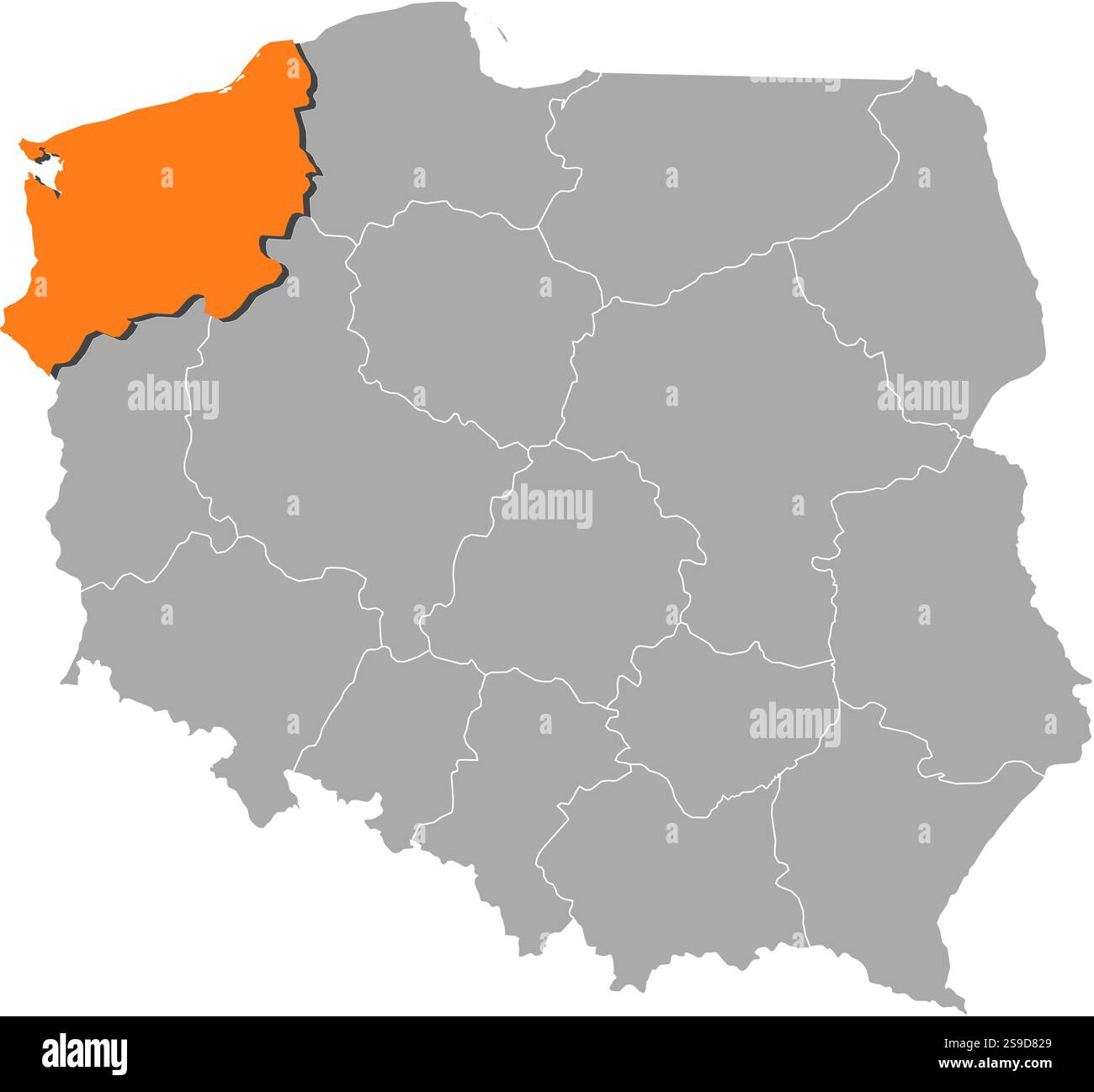 Map of Poland with the provinces, West Pomeranian is highlighted by ...
