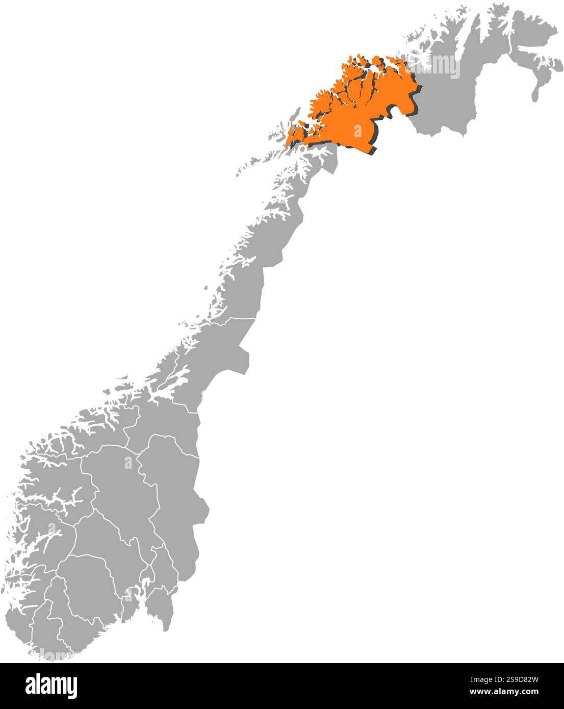 Map of Norway with the provinces, Troms is highlighted by orange Stock ...