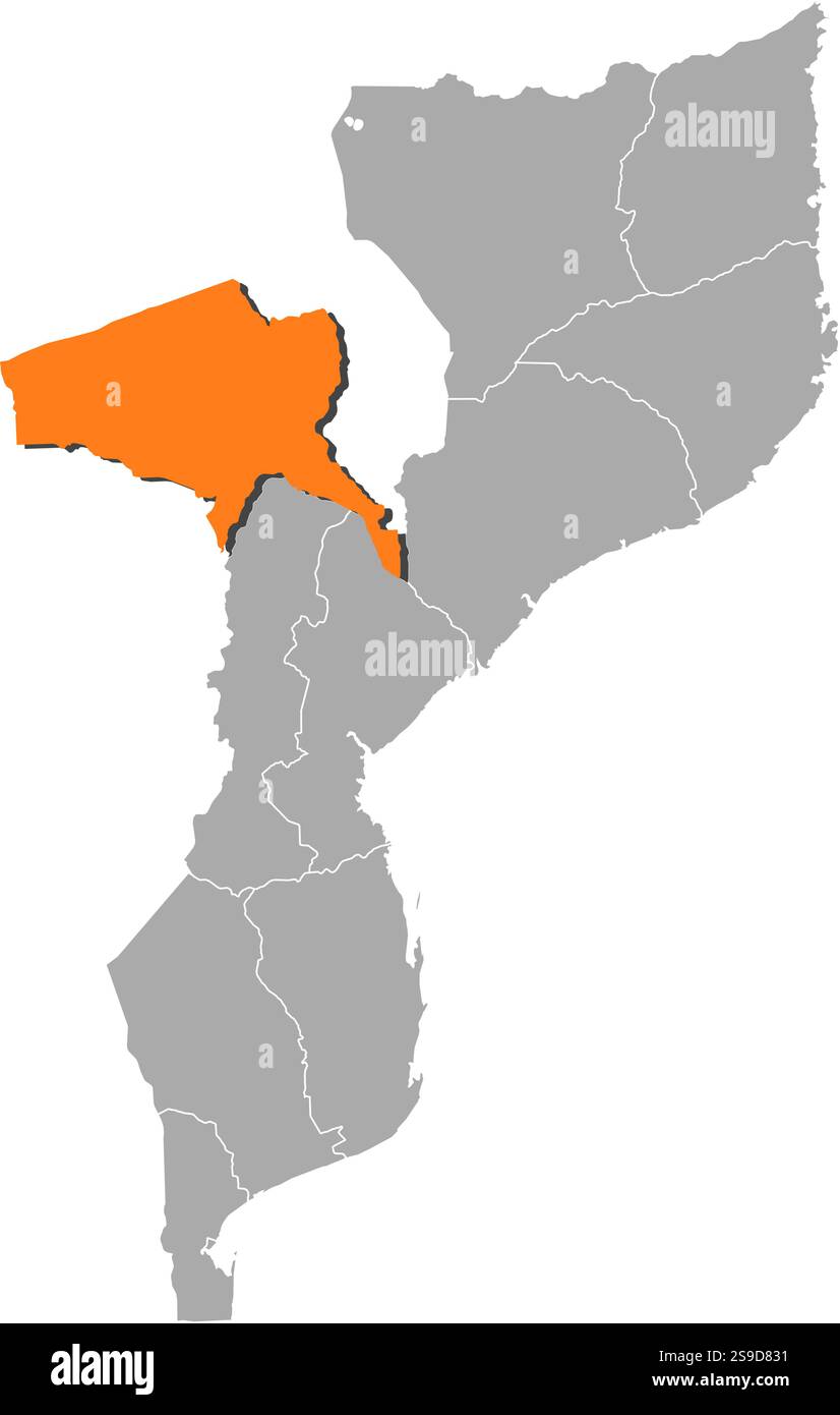Map of Mozambique with the provinces, Tete is highlighted by orange ...