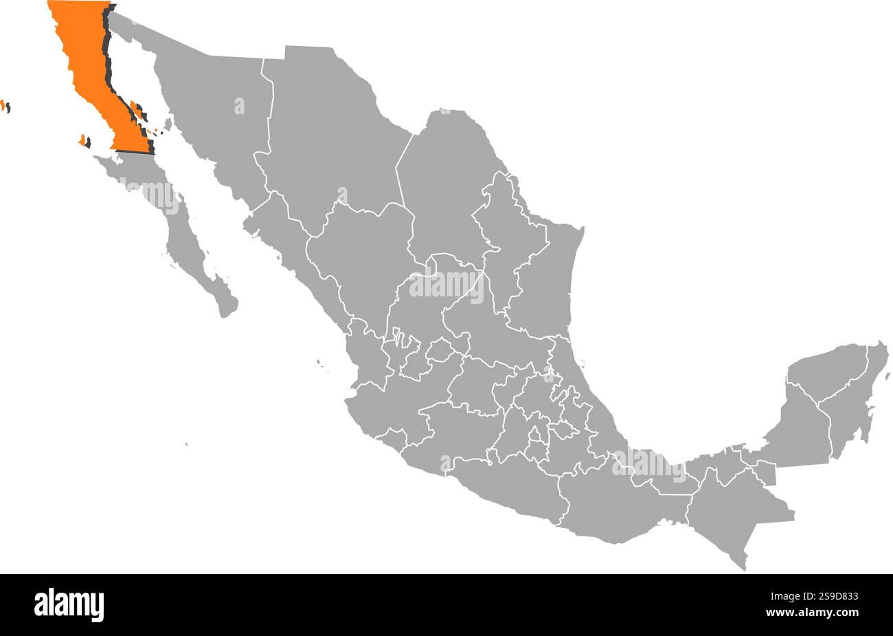 Map of Mexico with the provinces, Baja California is highlighted by ...