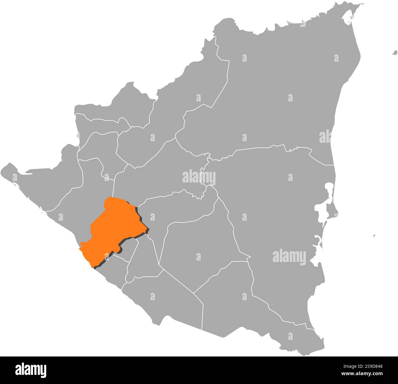 Map of Nicaragua with the provinces, Managua is highlighted by orange ...